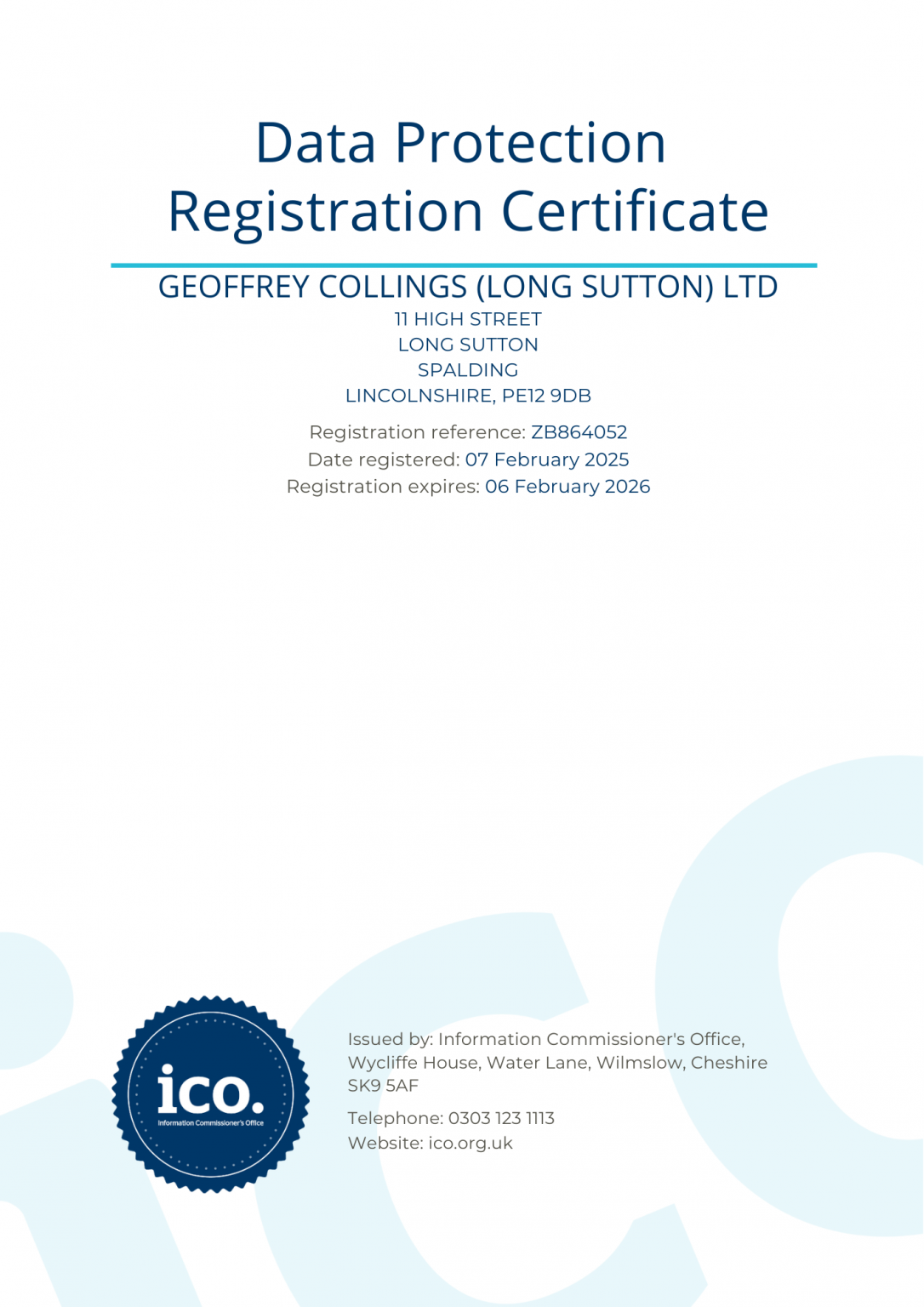 ICO Registration Certificate - Geoffrey Collings & Co